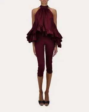Azeeza Plath Poplin Asymmetric Ruffle Halter Top - Red