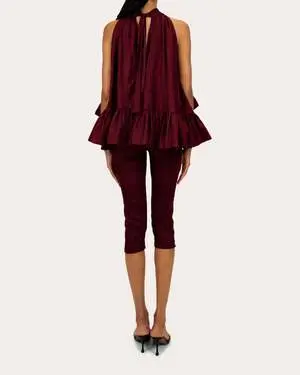 Azeeza Plath Poplin Asymmetric Ruffle Halter Top - Red