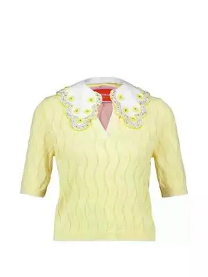 La DoubleJ Pointelle-knit T-shirt With Embroidered Collar - Yellow