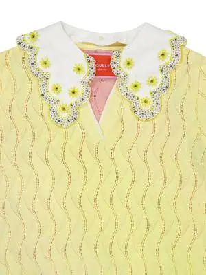 La DoubleJ Pointelle-knit T-shirt With Embroidered Collar - Yellow