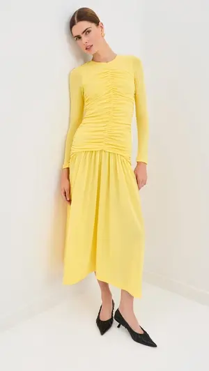 Bite Studios Evidente Dress Ruched Midi Length Cotton Knit - Daffodil