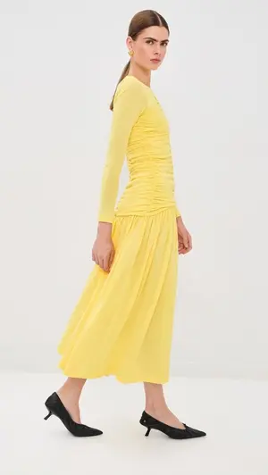 Bite Studios Evidente Dress Ruched Midi Length Cotton Knit - Daffodil