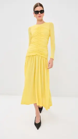 Bite Studios Evidente Dress Ruched Midi Length Cotton Knit - Daffodil