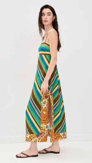 ALEMAIS Charlie Day Dress In Chevron And Floral Print Linen