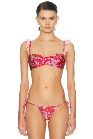 PatBO Peony Print Ruffle Bikini Top - Red