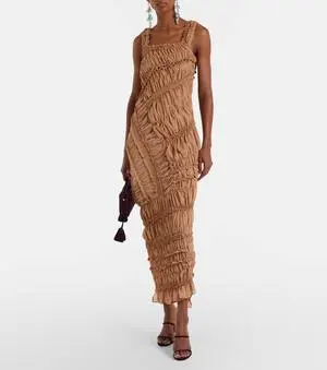 Magda Butrym Ruched Ruffled Cotton Midi Dress - Beige