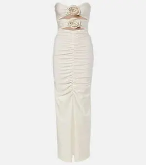 ADRIANA DEGREAS Cutout Floral-appliqué Ruched Maxi Dress - White