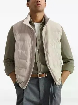 Brunello Cucinelli Quilted Suede Down Vest With Packable Hood - Neutrals