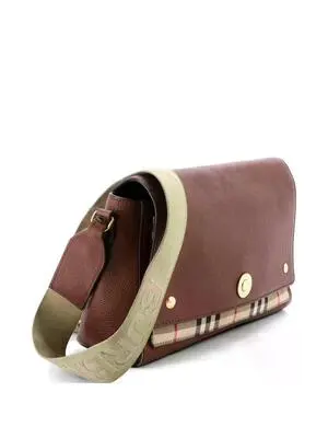Burberry Note Leather Vintage Check Canvas Medium Crossbody Bag - Brown