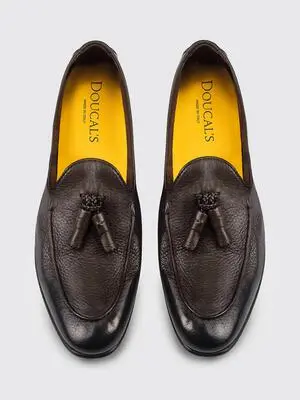DOUCAL'S Hammered Leather Loafer With Tassels - Dark