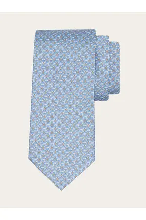 FERRAGAMO Gancini Links Print Silk Neck Tie Blue