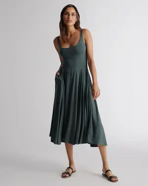 Quince Tencel Jersey Fit & Flare Dress - Dark Olive