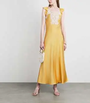 Claudie Pierlot Satin Maxi Dress With Lace Appliqu