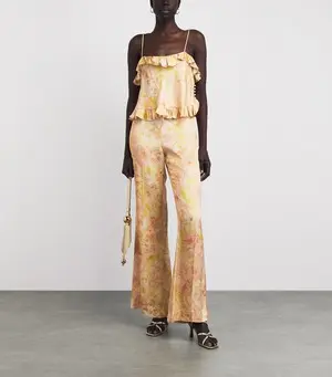 Sandro Satin Floral Wide-leg Trousers - Pink