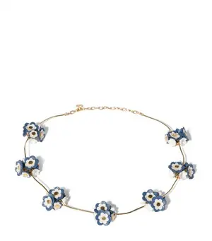 Miu Miu Leather-trim Flower Necklace - Blue