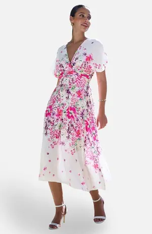 YUMI Floral Print Wrap Midi Dress - Pink