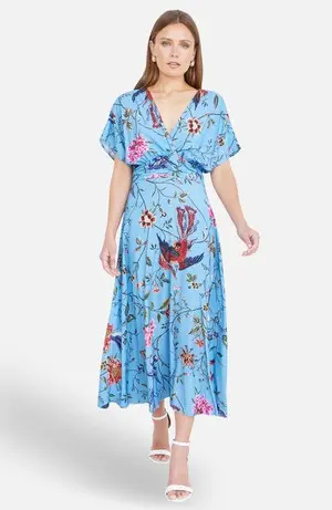 YUMI Bird And Floral Print Midi Dress - Blue