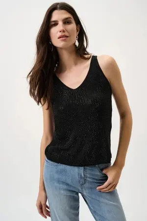 Joseph Ribkoff Metallic Knitted Camisole With Rhinestones - Black