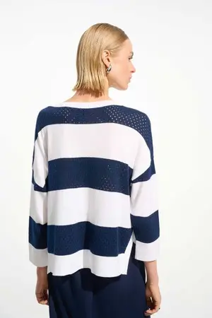 Joseph Ribkoff Cotton-blend Striped Pointelle Crewneck Sweater
