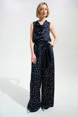 Joseph Ribkoff Satin Dot Print Wide Leg Pants With Sash