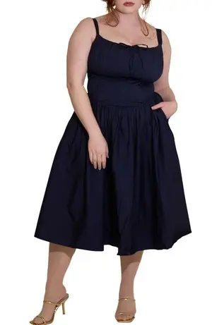 TAIDEUX Camille Fuller Bust Cotton Midi Corset Dress - Navy