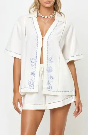L*Space La Mer Embroidered Cover-up Shirt Cream