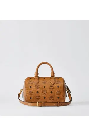 Mcm Ella Boston Bag In Maxi Visetos - Cognac