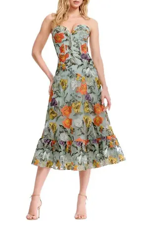 Dress The Population Carina Floral Embroidered Strapless Cocktail Dress - Sage Multi