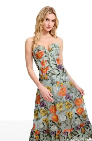 Dress The Population Carina Floral Embroidered Strapless Cocktail Dress - Sage Multi
