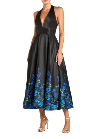 Mac Duggal Halter Neck Floral Midi Dress - Black Multi