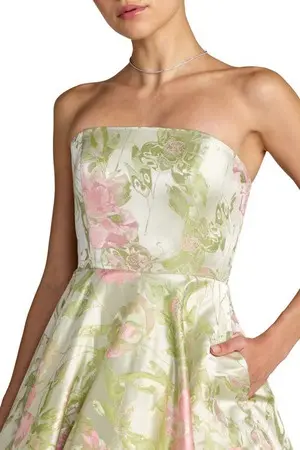 Mac Duggal Floral Brocade Strapless A-line Midi Dress