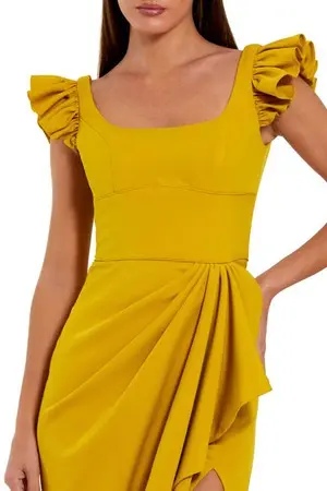 Mac Duggal Ruffle Strap Ruched High-slit Column Gown