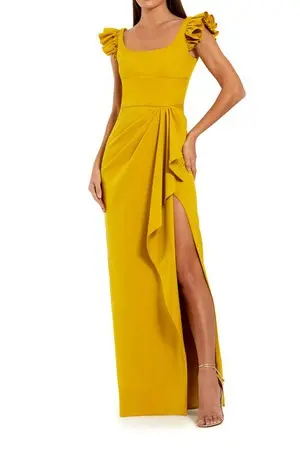 Mac Duggal Crepe Column Gown With Ruffle Detail - Chartreuse