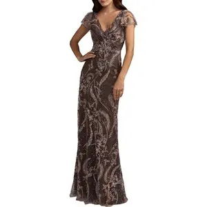 Mac Duggal V-neck Flutter Sleeve Embroidered Lace Evening Gown - Chocolate