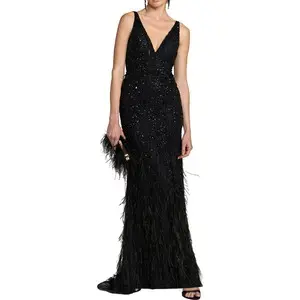 Mac Duggal Embellished Feather Hem Gown - Black
