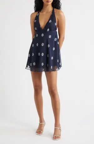 BELLA VENICE Daisy Print Halter Neck Mini Dress - Navy