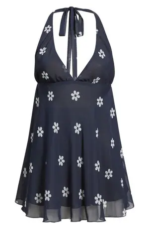 BELLA VENICE Daisy Print Halter Neck Mini Dress - Navy