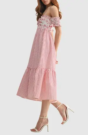 ALL IN FAVOR Striped Smocked Off-the-shoulder Midi Dress