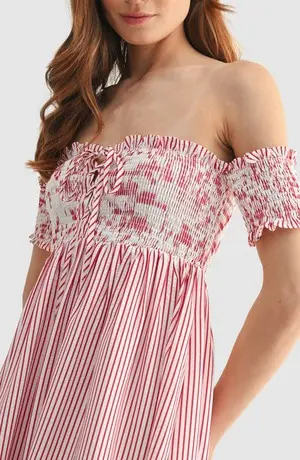 ALL IN FAVOR Striped Smocked Off-the-shoulder Midi Dress