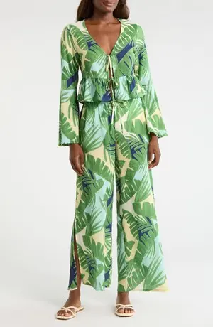 Sanctuary Ruffle Tie Front Cover-up Top - Green Multi