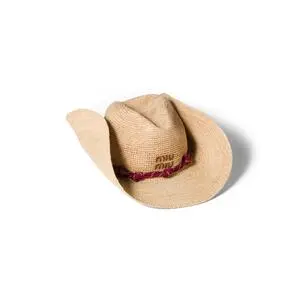 Miu Miu Raffia Cowboy Hat - Beige/burgundy