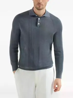 Brunello Cucinelli Cotton English Rib Knit Polo With Long Raglan Sleeves - Blue