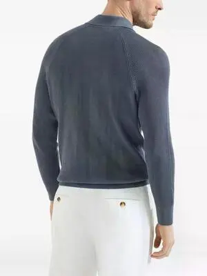 Brunello Cucinelli Cotton English Rib Knit Polo With Long Raglan Sleeves - Blue