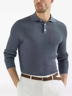 Brunello Cucinelli Cotton English Rib Knit Polo With Long Raglan Sleeves - Blue