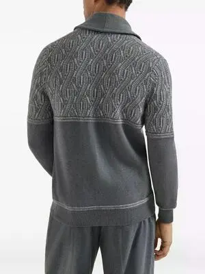 Brunello Cucinelli Cotton Shawl-collar Cardigan With Jacquard Cable Shoulder - Grey