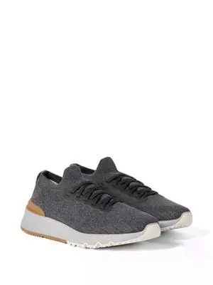 Brunello Cucinelli Cotton Knit And Calfskin Runners - Grey
