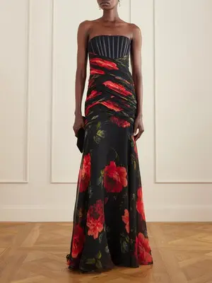 Carolina Herrera Strapless Ruched Floral-printed Silk-chiffon Gown - Multi