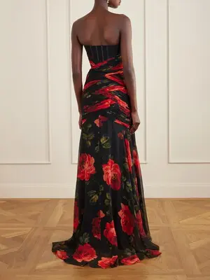 Carolina Herrera Strapless Ruched Floral-printed Silk-chiffon Gown - Multi
