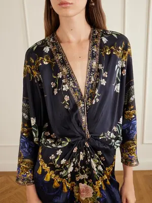 Camilla Gathered Embellished Printed Maxi Dress - Blue