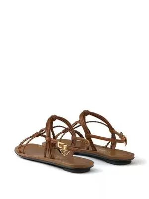 Prada Braided Flat Leather Sandals With Metal Logo Accent - Brown